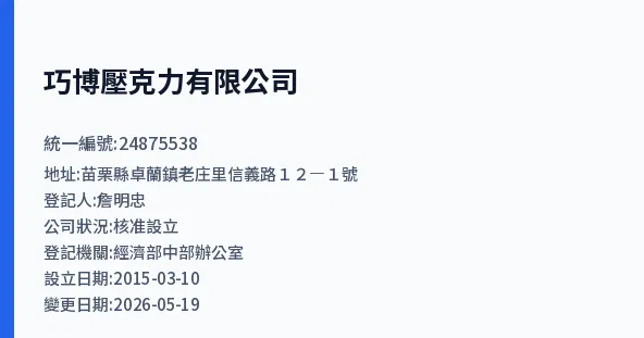 巧博壓克力有限公司的照片-統編 24875538(苗栗縣) 公司登記資料與營業項目詳細圖表