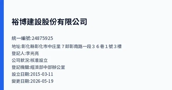 裕博建設股份有限公司的照片-統編 24875925(彰化縣) 公司登記資料與營業項目詳細圖表
