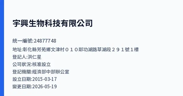 宇興生物科技有限公司的照片-統編 24877748(彰化縣) 公司登記資料與營業項目詳細圖表