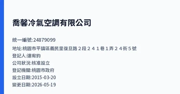 喬馨冷氣空調有限公司的照片-統編 24879099(桃園市) 公司登記資料與營業項目詳細圖表
