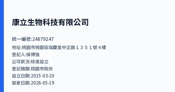 康立生物科技有限公司的照片-統編 24879247(桃園市) 公司登記資料與營業項目詳細圖表
