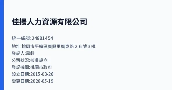 佳揚人力資源有限公司的照片-統編 24881454(桃園市) 公司登記資料與營業項目詳細圖表