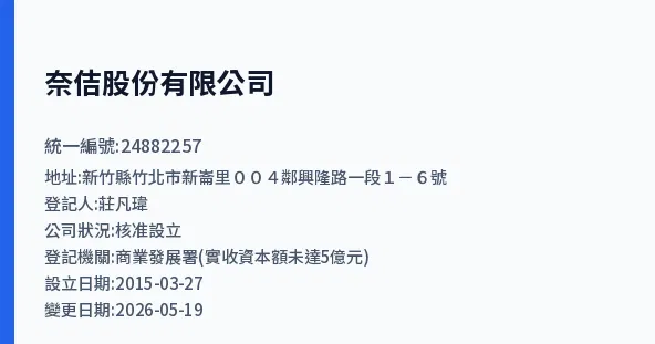 奈佶股份有限公司的照片-統編 24882257(新竹縣) 公司登記資料與營業項目詳細圖表