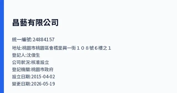 昌藝有限公司的照片-統編 24884157(桃園市) 公司登記資料與營業項目詳細圖表