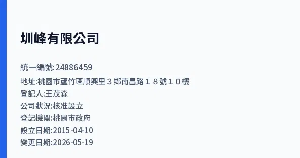 圳峰有限公司的照片-統編 24886459(桃園市) 公司登記資料與營業項目詳細圖表