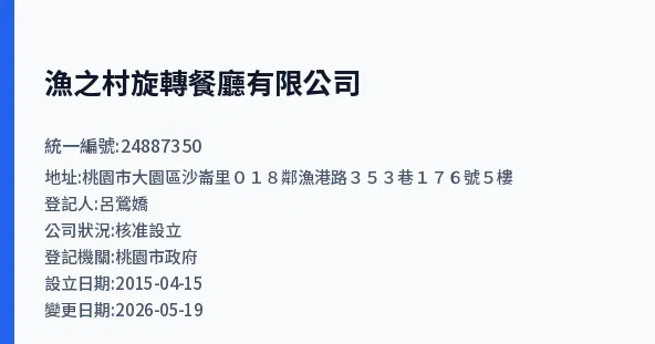 漁之村旋轉餐廳有限公司的照片-統編 24887350(桃園市) 公司登記資料與營業項目詳細圖表