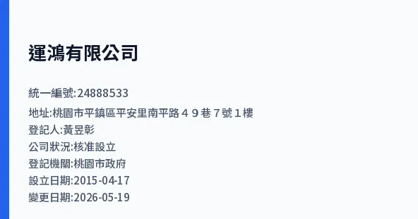 運鴻有限公司的照片-統編 24888533(桃園市) 公司登記資料與營業項目詳細圖表
