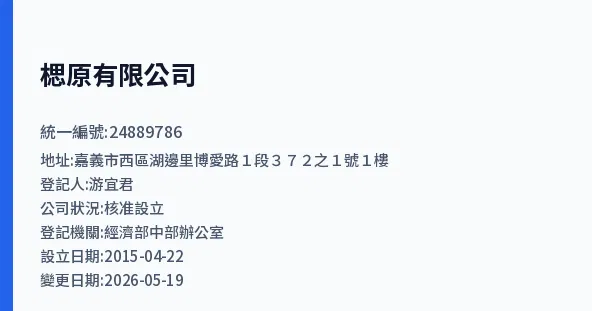 楒原有限公司的照片-統編 24889786(嘉義市) 公司登記資料與營業項目詳細圖表