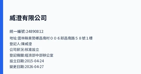 威澄有限公司的照片-統編 24890812(雲林縣) 公司登記資料與營業項目詳細圖表