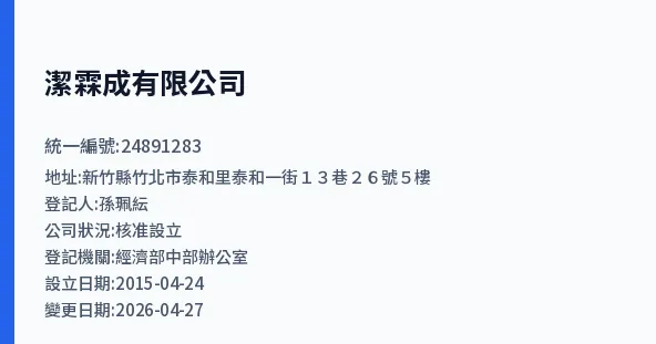 潔霖成有限公司的照片-統編 24891283(新竹縣) 公司登記資料與營業項目詳細圖表