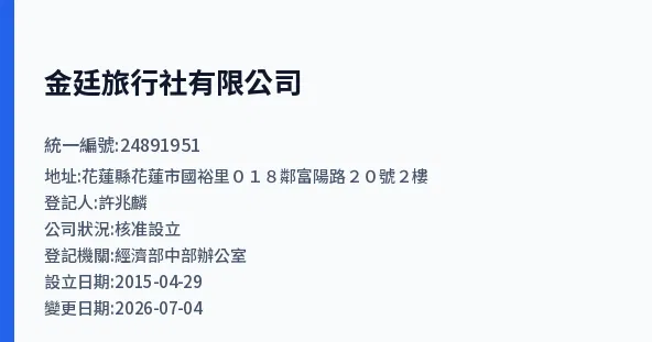 金廷旅行社有限公司的照片-統編 24891951(花蓮縣) 公司登記資料與營業項目詳細圖表