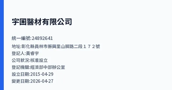 宇囷醫材有限公司的照片-統編 24892641(彰化縣) 公司登記資料與營業項目詳細圖表