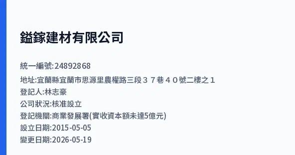 鎰鎵建材有限公司的照片-統編 24892868(宜蘭縣) 公司登記資料與營業項目詳細圖表