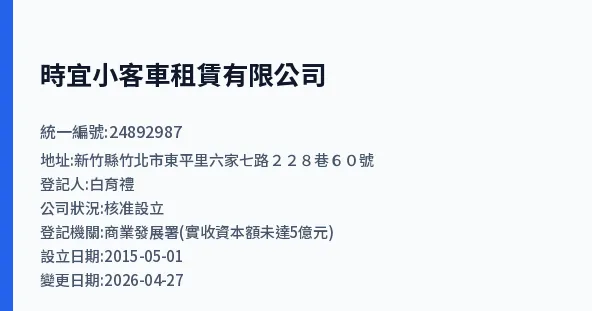 時宜小客車租賃有限公司的照片-統編 24892987(新竹縣) 公司登記資料與營業項目詳細圖表