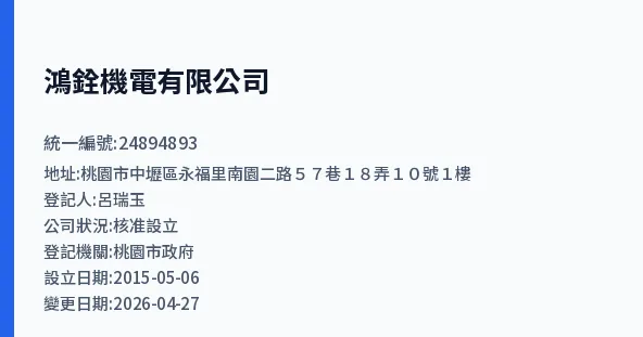鴻銓機電有限公司的照片-統編 24894893(桃園市) 公司登記資料與營業項目詳細圖表