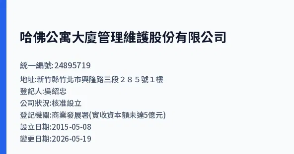 哈佛公寓大廈管理維護股份有限公司的照片-統編 24895719(新竹縣) 公司登記資料與營業項目詳細圖表