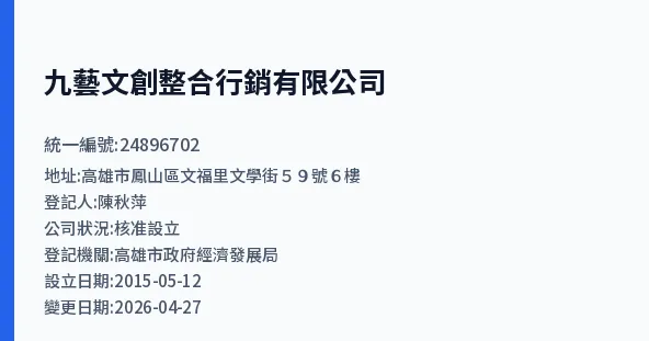 九藝文創整合行銷有限公司的照片-統編 24896702(高雄市) 公司登記資料與營業項目詳細圖表