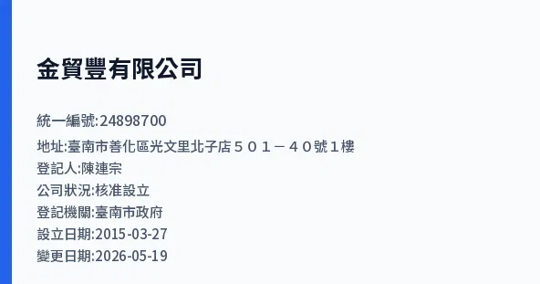 金貿豐有限公司的照片-統編 24898700(臺南市) 公司登記資料與營業項目詳細圖表