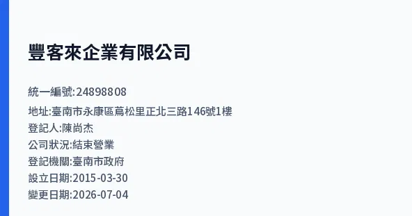 豐客來企業有限公司的照片-統編 24898808(臺南市) 公司登記資料與營業項目詳細圖表