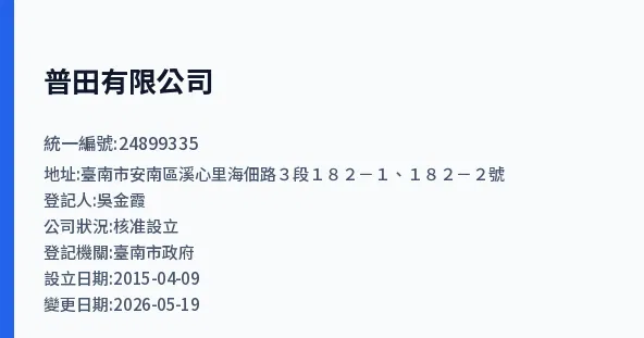 普田有限公司的照片-統編 24899335(臺南市) 公司登記資料與營業項目詳細圖表