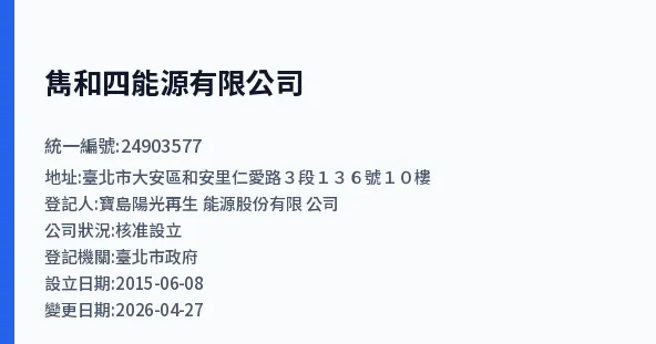 雋和四能源有限公司的照片-統編 24903577(臺北市) 公司登記資料與營業項目詳細圖表