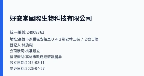 好安堂國際生物科技有限公司的照片-統編 24908361(高雄市) 公司登記資料與營業項目詳細圖表