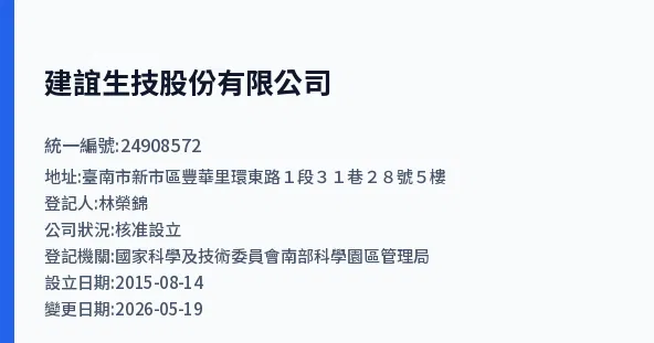 建誼生技股份有限公司的照片-統編 24908572(臺南市) 公司登記資料與營業項目詳細圖表