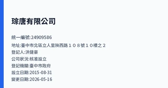 琮唐有限公司的照片-統編 24909586(臺中市) 公司登記資料與營業項目詳細圖表