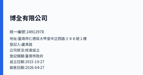 博全有限公司的照片-統編 24912978(臺南市) 公司登記資料與營業項目詳細圖表