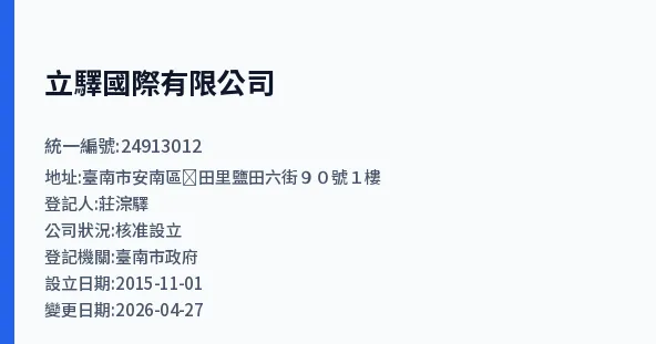 立驛國際有限公司的照片-統編 24913012(臺南市) 公司登記資料與營業項目詳細圖表