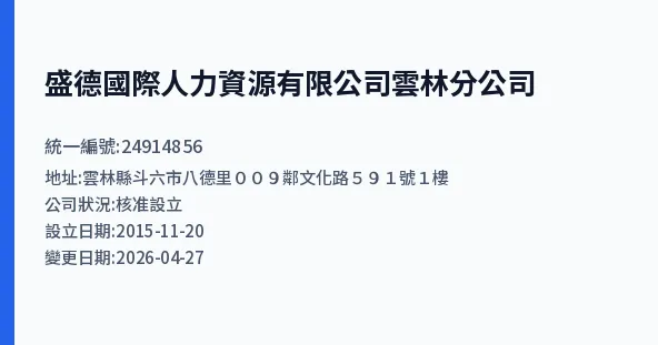 盛德國際人力資源有限公司雲林分公司的照片-統編 24914856(雲林縣) 公司登記資料與營業項目詳細圖表