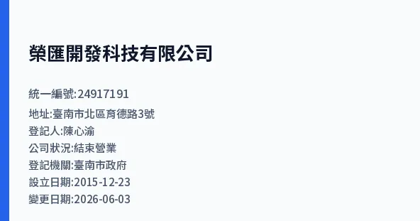 榮匯開發科技有限公司的照片-統編 24917191(臺南市) 公司登記資料與營業項目詳細圖表
