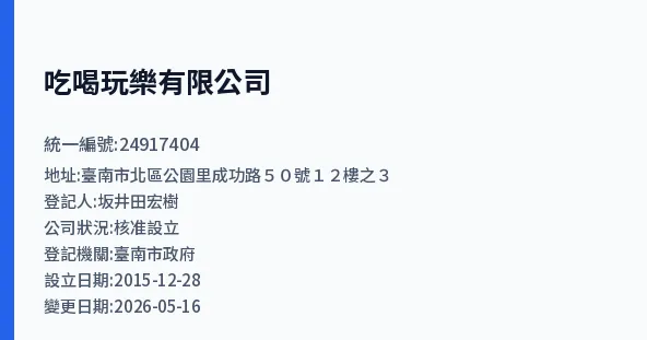 吃喝玩樂有限公司的照片-統編 24917404(臺南市) 公司登記資料與營業項目詳細圖表
