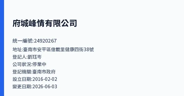 府城峰情有限公司的照片-統編 24920267(臺南市) 公司登記資料與營業項目詳細圖表