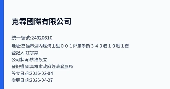 克霖國際有限公司的照片-統編 24920610(高雄市) 公司登記資料與營業項目詳細圖表