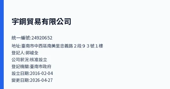 宇鋼貿易有限公司的照片-統編 24920652(臺南市) 公司登記資料與營業項目詳細圖表