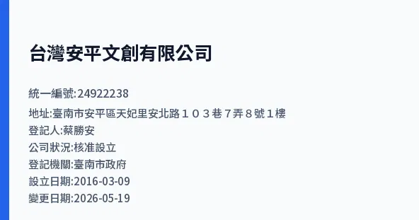 台灣安平文創有限公司的照片-統編 24922238(臺南市) 公司登記資料與營業項目詳細圖表