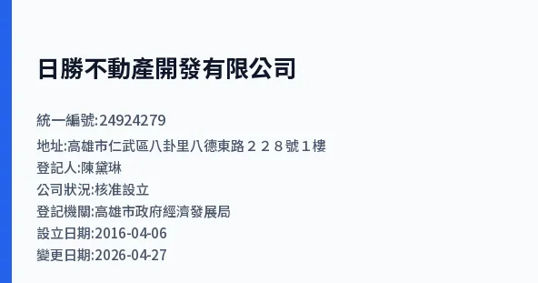 日勝不動產開發有限公司的照片-統編 24924279(高雄市) 公司登記資料與營業項目詳細圖表