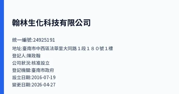 翰林生化科技有限公司的照片-統編 24925191(臺南市) 公司登記資料與營業項目詳細圖表