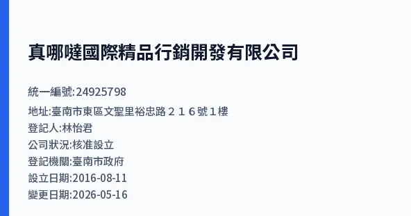真哪噠國際精品行銷開發有限公司的照片-統編 24925798(臺南市) 公司登記資料與營業項目詳細圖表