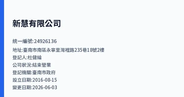 新慧有限公司的照片-統編 24926136(臺南市) 公司登記資料與營業項目詳細圖表