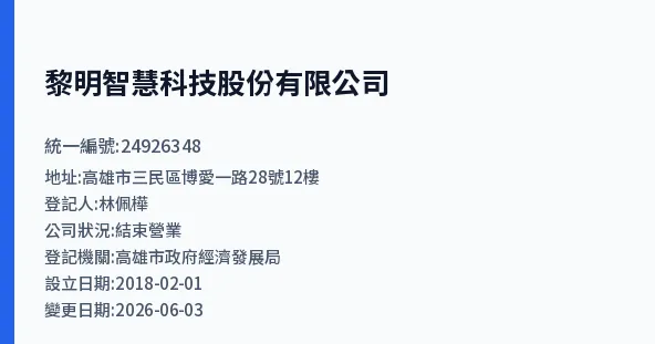 黎明智慧科技股份有限公司的照片-統編 24926348(高雄市) 公司登記資料與營業項目詳細圖表