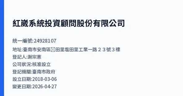 紅崴系統投資顧問股份有限公司的照片-統編 24928107(臺南市) 公司登記資料與營業項目詳細圖表