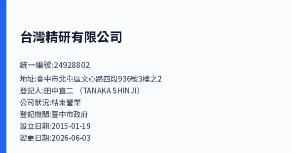 台灣精研有限公司的照片-統編 24928802(臺中市) 公司登記資料與營業項目詳細圖表