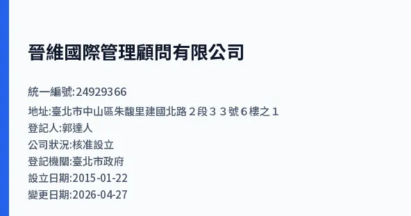 晉維國際管理顧問有限公司的照片-統編 24929366(臺北市) 公司登記資料與營業項目詳細圖表