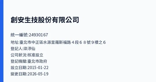 創安生技股份有限公司的照片-統編 24930167(臺北市) 公司登記資料與營業項目詳細圖表