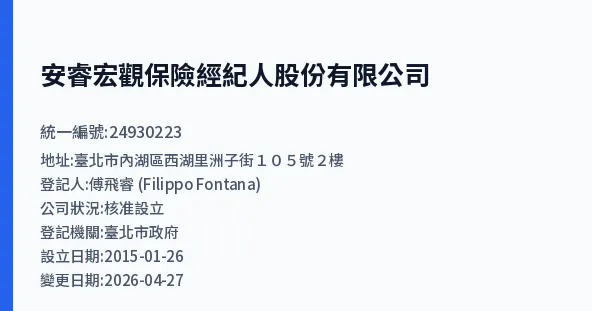 安睿宏觀保險經紀人股份有限公司的照片-統編 24930223(臺北市) 公司登記資料與營業項目詳細圖表