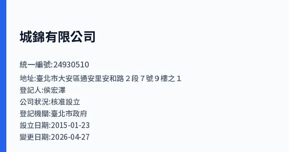 城錦有限公司的照片-統編 24930510(臺北市) 公司登記資料與營業項目詳細圖表