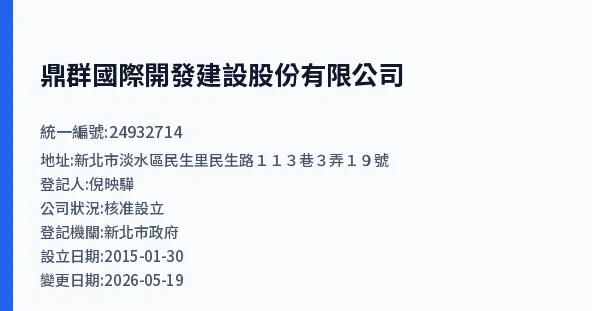 鼎群國際開發建設股份有限公司的照片-統編 24932714(新北市) 公司登記資料與營業項目詳細圖表