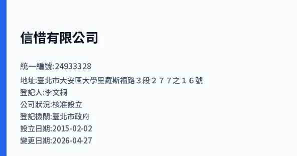 信惜有限公司的照片-統編 24933328(臺北市) 公司登記資料與營業項目詳細圖表